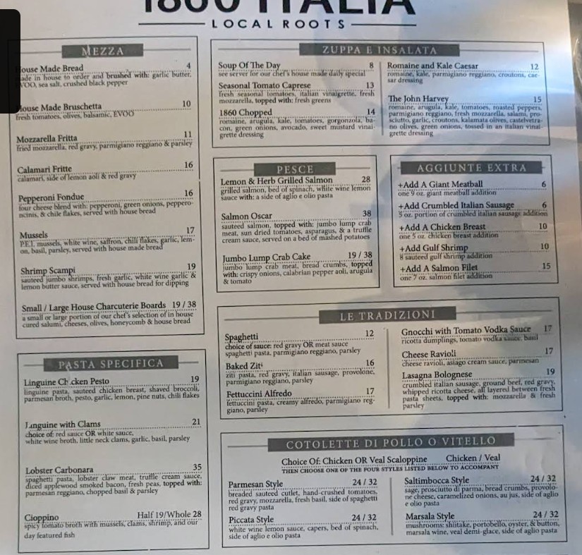 1860 Italia Restaurant Menu | Authentic Italian Cuisine in College Station
